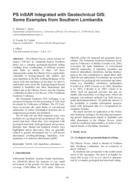 (PDF) PS InSAR Integrated with Geotechnical GIS: Some Examples from Southern Lombardia