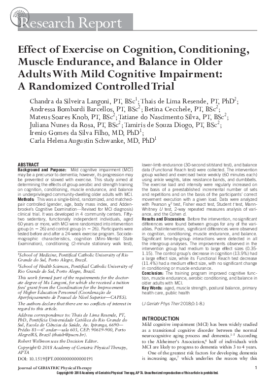 (PDF) Effect of Exercise on Cognition, Conditioning, Muscle Endurance, and Balance in Older ...