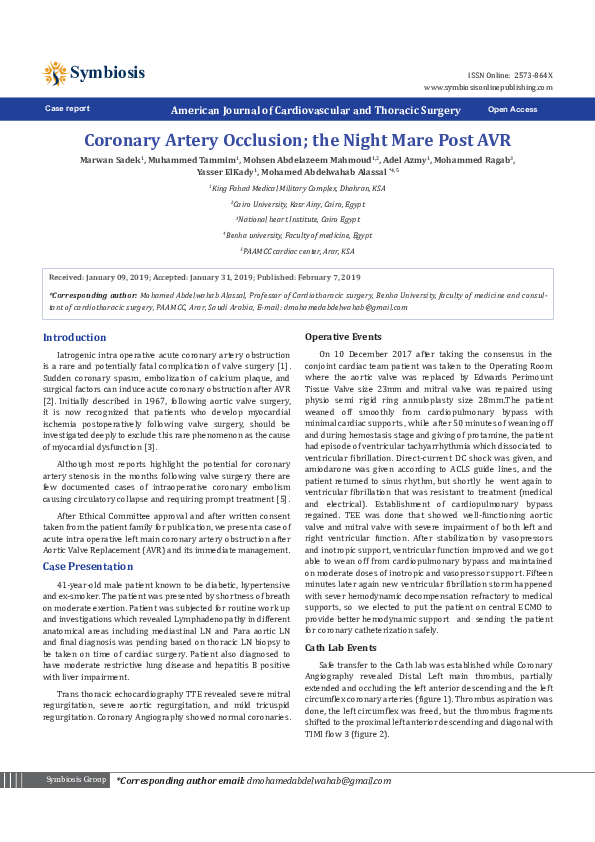 (PDF) Coronary Artery Occlusion; the Night Mare Post AVR