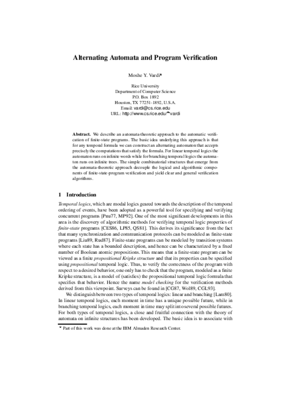 Pdf Alternating Automata And Program Verification