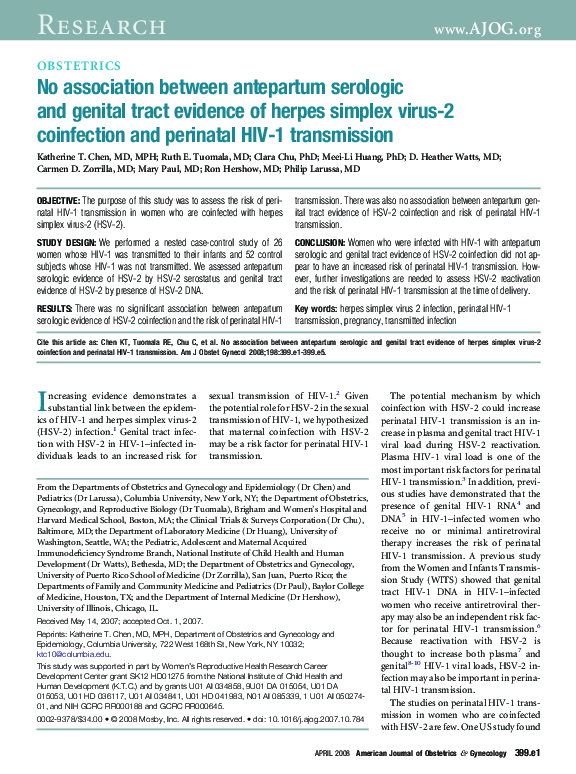 (PDF) No Link Between HSV-2 Coinfection and Perinatal HIV-1 Transmission