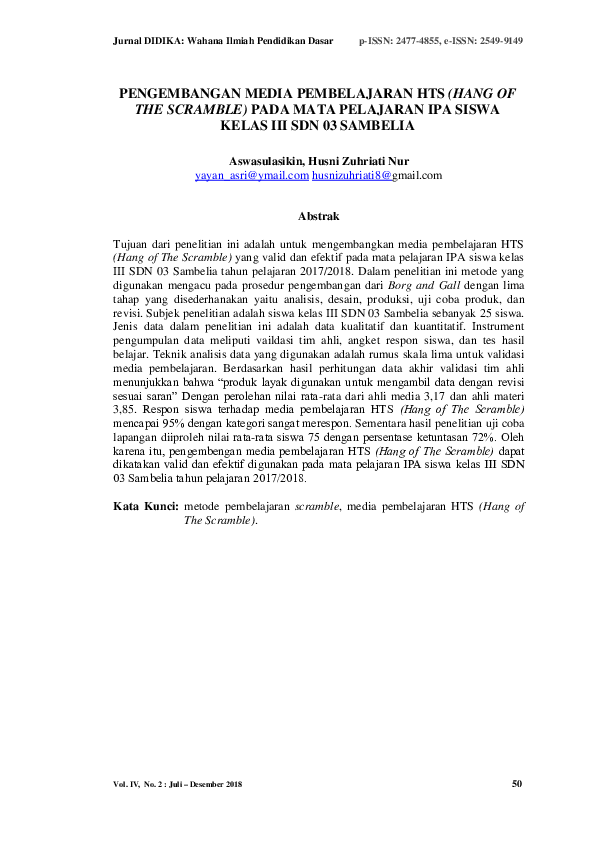 (PDF) Pengembangan Media Pembelajaran HTS (Hang of the Scramble) Pada Mata Pelajaran Ipa Siswa ...