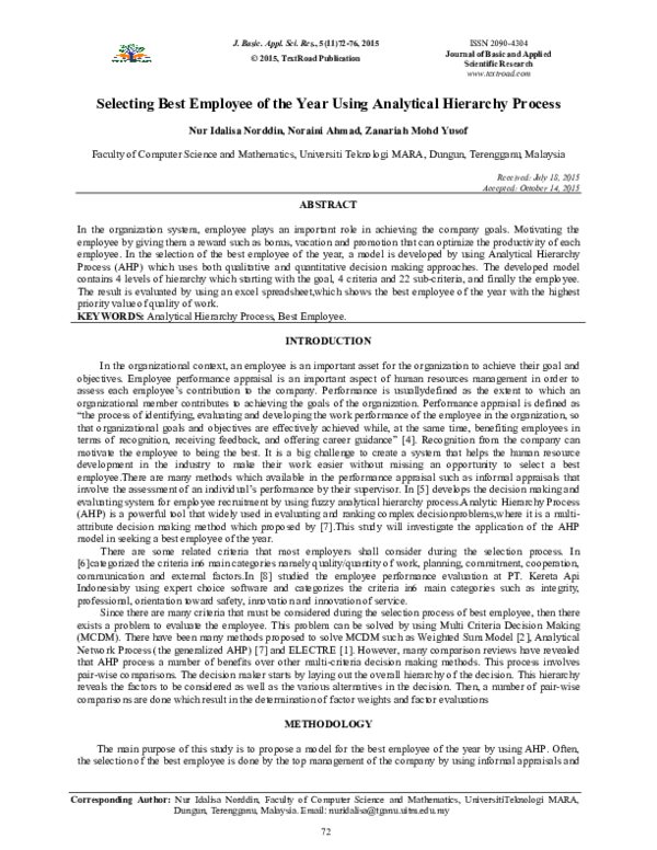 Pdf Selecting Best Employee Of The Year Using Analytical Hierarchy Process
