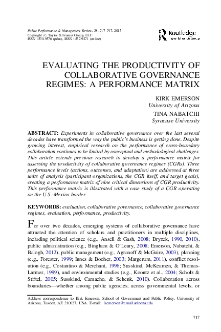 (PDF) Evaluating the Productivity of Collaborative Governance Regimes ...