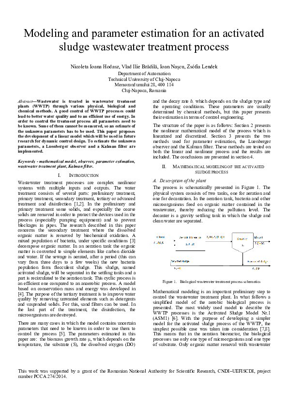 (PDF) Modeling and parameter estimation for an activated sludge wastewater treatment process