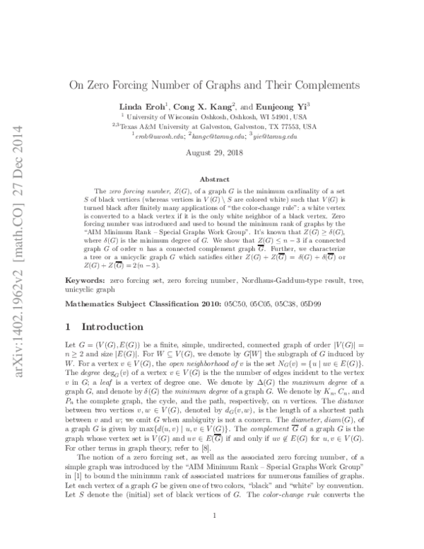 (PDF) On zero forcing number of graphs and their complements