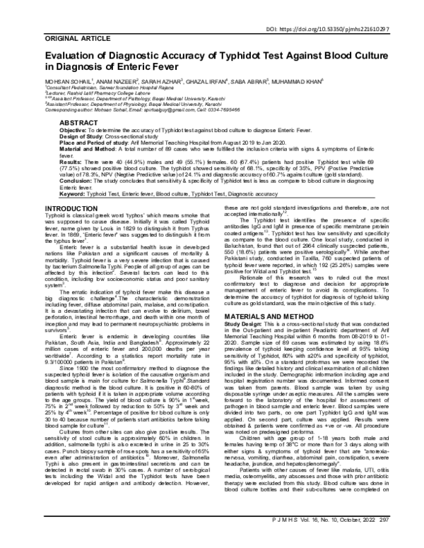 (PDF) Evaluation of Diagnostic Accuracy of Typhidot Test Against Blood ...