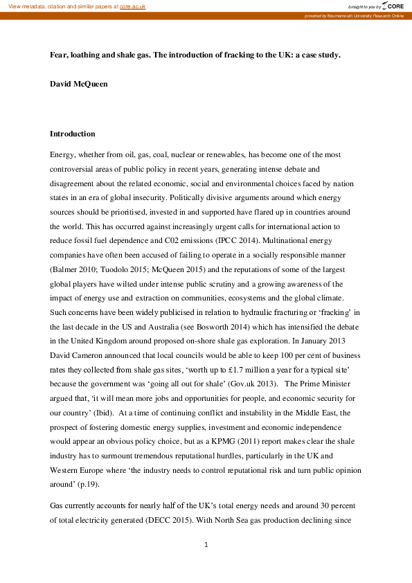 (PDF) Fear, Loathing and Shale Gas. The Introduction of Fracking to the ...