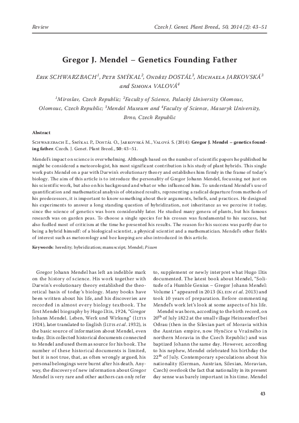 (PDF) Gregor J. Mendel - genetics founding father