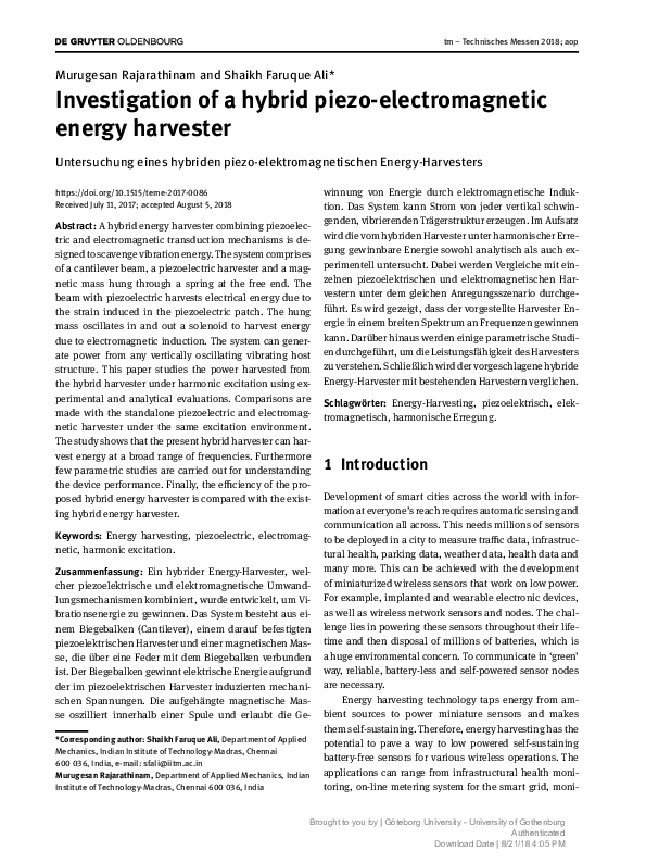(PDF) Investigation of a hybrid piezo-electromagnetic energy harvester