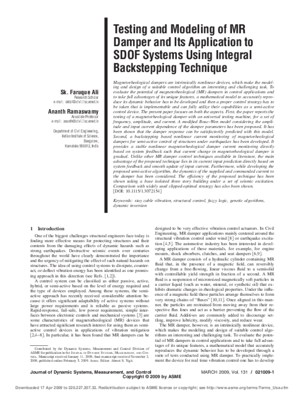 (PDF) Testing and Modeling of MR Damper and Its Application to SDOF ...