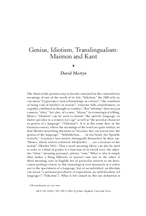 (PDF) Genius, Idiotism, Translingualism: Maimon and Kant