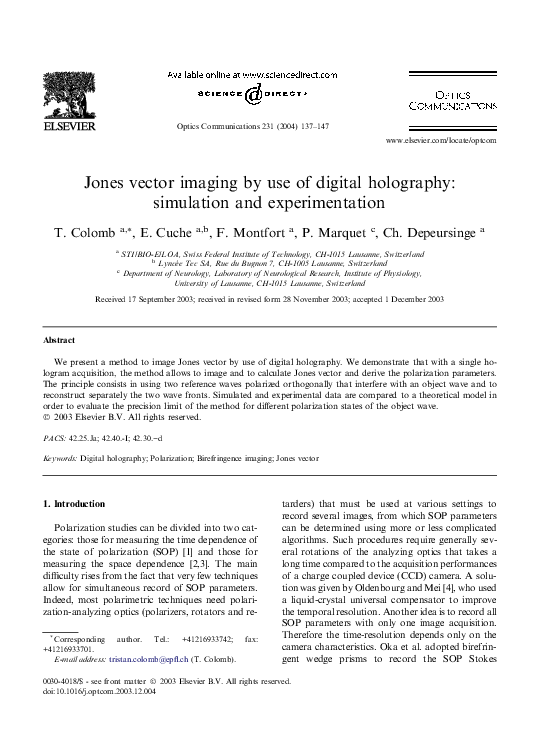 (PDF) Jones vector imaging by use of digital holography: simulation and ...