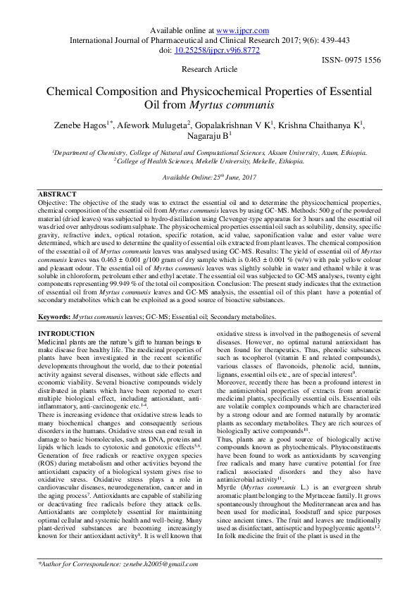 (PDF) Chemical Composition and Physicochemical Properties of Essential Oil from Myrtus communis