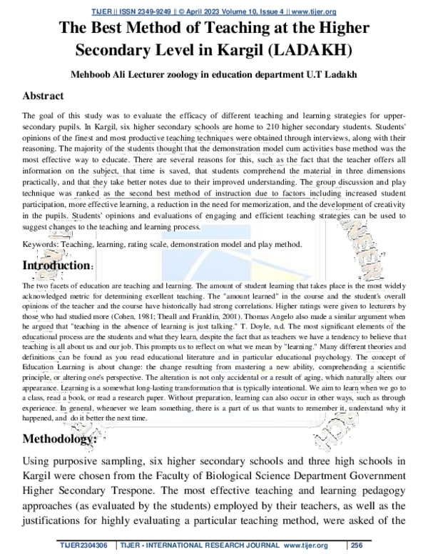 (PDF) The Best Method of Teaching at the Higher Secondary Level in Kargil (LADAKH