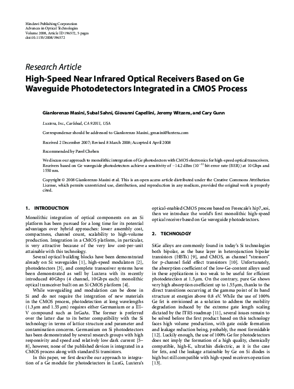 (PDF) High-Speed Near Infrared Optical Receivers Based on Ge Waveguide Photodetectors Integrated ...
