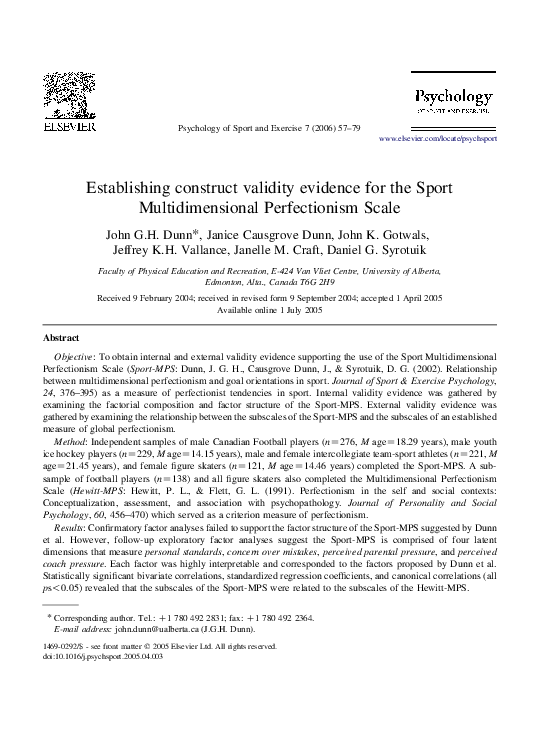(PDF) Establishing construct validity evidence for the Sport Multidimensional Perfectionism Scale
