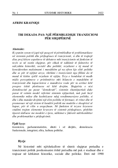 (PDF) Tri dekada pas: një përmbledhje tranzicioni për Shqipërinë