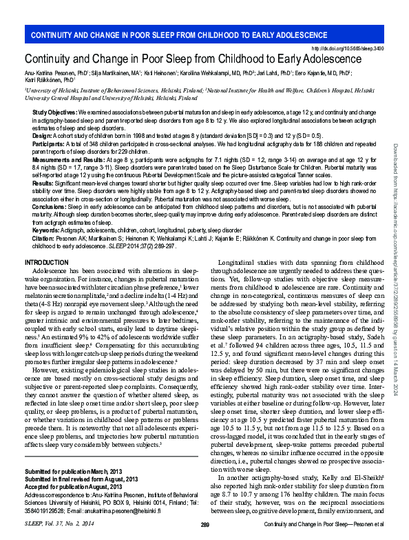 (PDF) Continuity and Change in Poor Sleep from Childhood to Early ...