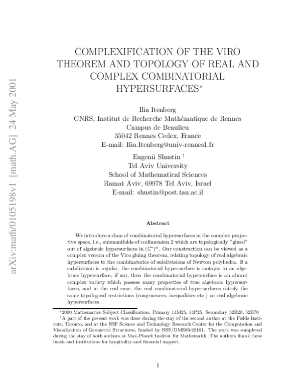 (PDF) Complexification of the Viro Theorem and Topology of Real and Complex Combinatorial ...