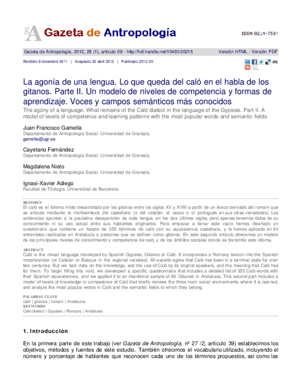 (PDF) La agonía de una lengua. Lo que queda del caló en el habla de los ...