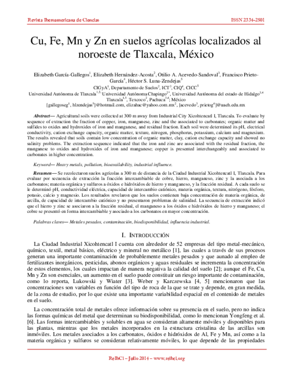 (PDF) Cu, Fe, Mn y Zn en suelos agrícolas localizados al noroeste de ...