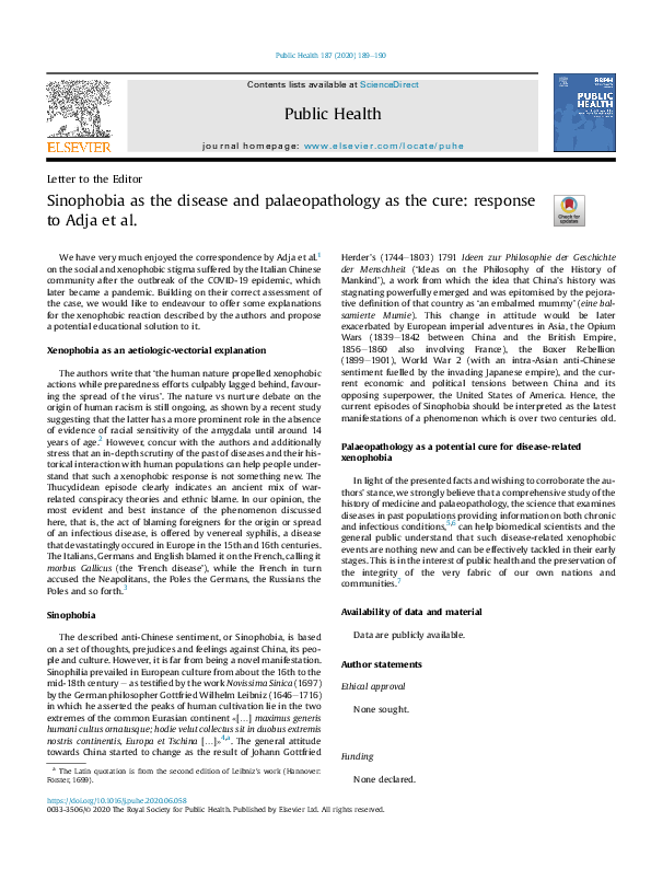 (PDF) Sinophobia as the disease and palaeopathology as the cure ...
