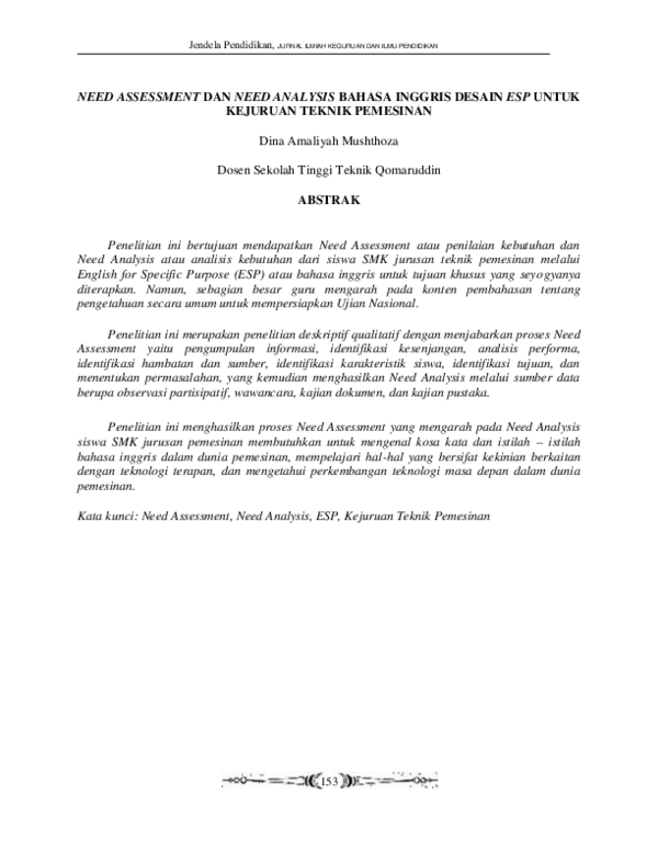 (PDF) Need Assessment Dan Need Analysis Bahasa Inggris Desain Esp Untuk Kejuruan Teknik Pemesinan