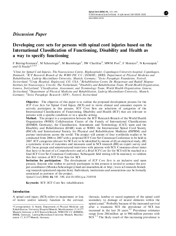 (PDF) Developing core sets for persons with spinal cord injuries based on the International ...