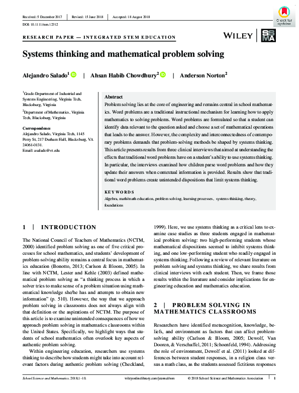 (PDF) Systems thinking and mathematical problem solving