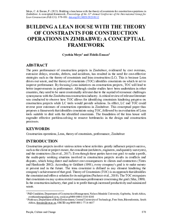 (PDF) Building a Lean House With the Theory of Constraints for Construction Operations in ...
