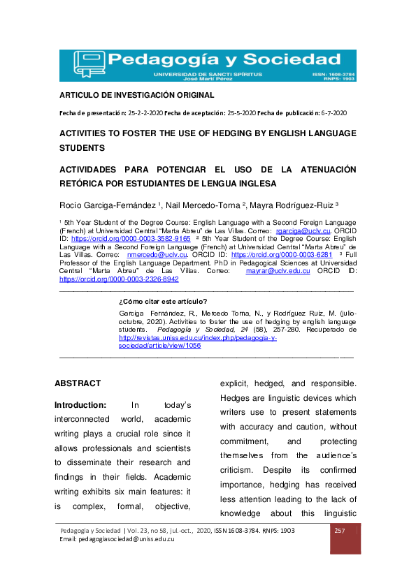 (PDF) Activities to Foster the Use of Hedging by English Language Students