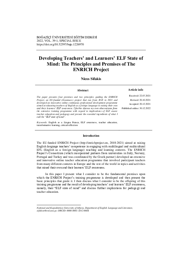 (PDF) Developing Teachers’ and Learners’ ELF State of Mind: The Principles and Premises of The ...