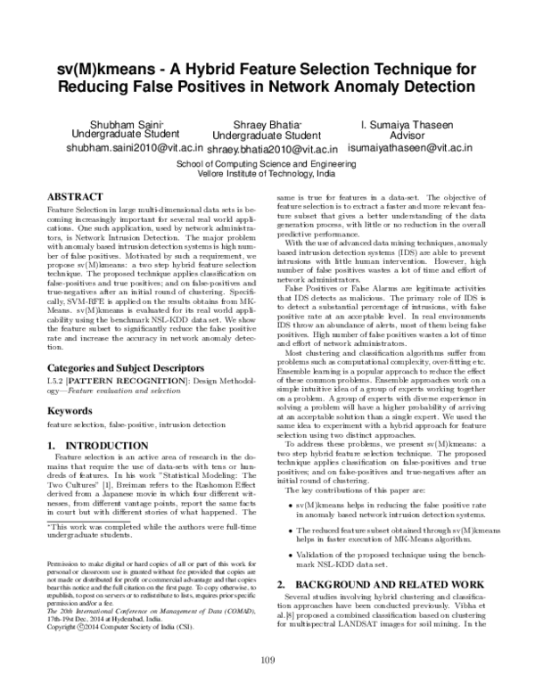 (PDF) sv(M)kmeans - A Hybrid Feature Selection Technique for Reducing False Positives in Network ...
