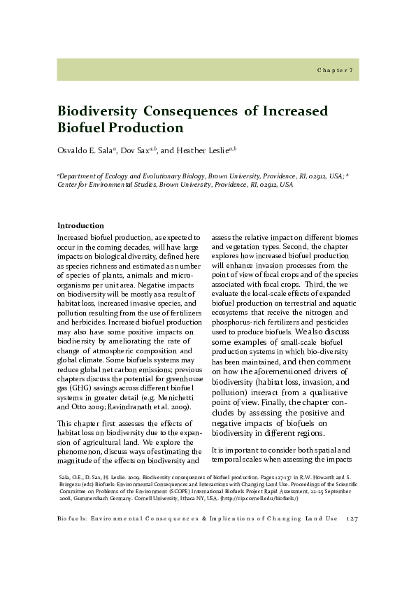 Chapter 7: Biodiversity Consequences of Increased Biofuel Production