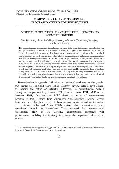 (PDF) Components of Perfectionism and Procrastination in College Students
