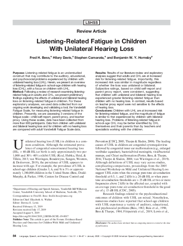 (PDF) Listening-Related Fatigue in Children With Unilateral Hearing Loss