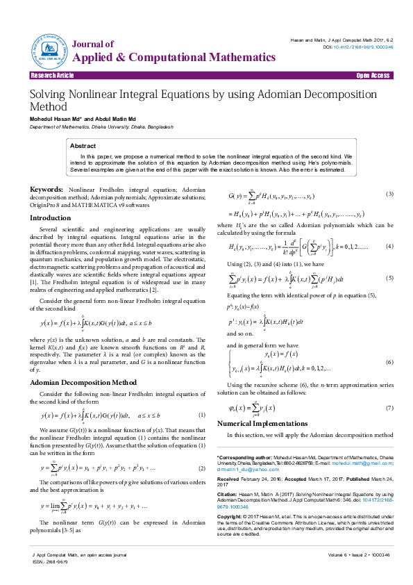 (PDF) Solving Nonlinear Integral Equations by using Adomian Decomposition Method