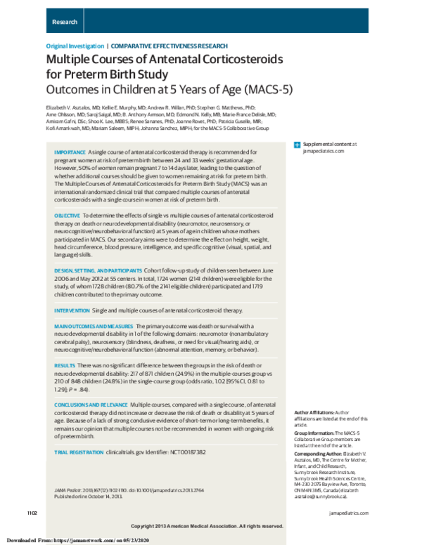 (PDF) Multiple Courses of Antenatal Corticosteroids for Preterm Birth Study