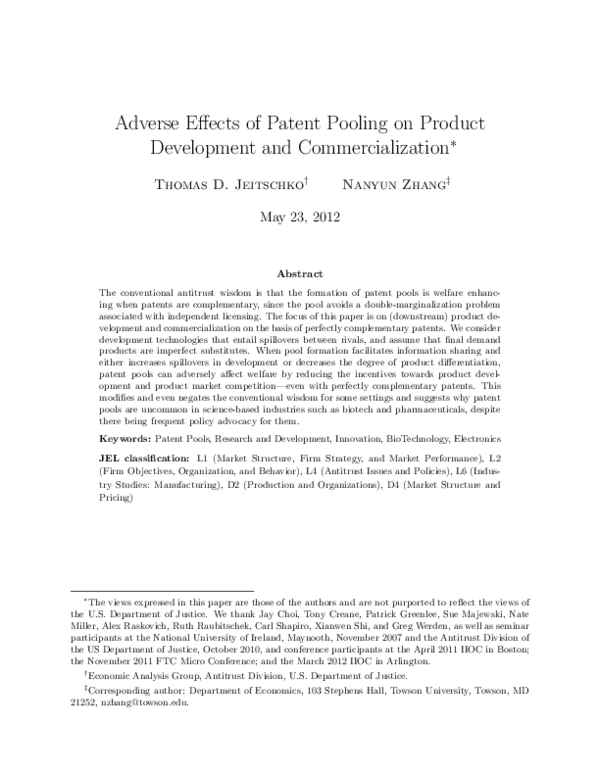 (PDF) Adverse effects of patent pooling on product development and ...