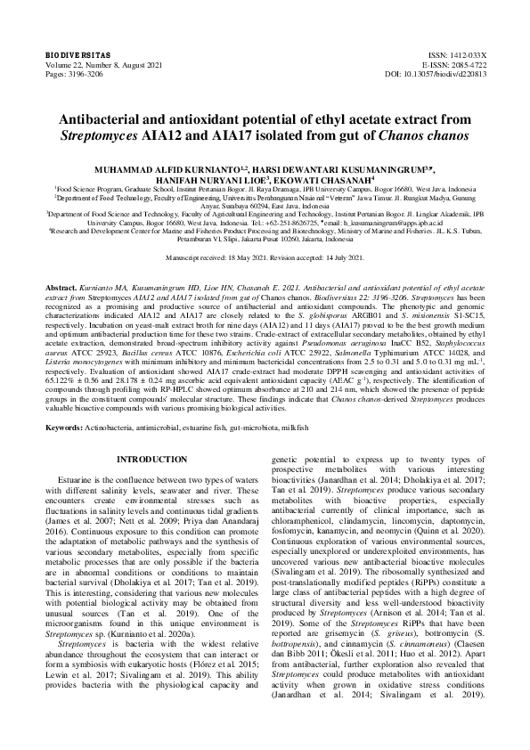 (PDF) Antibacterial and antioxidant potential of ethyl acetate extract from Streptomyces AIA12 ...