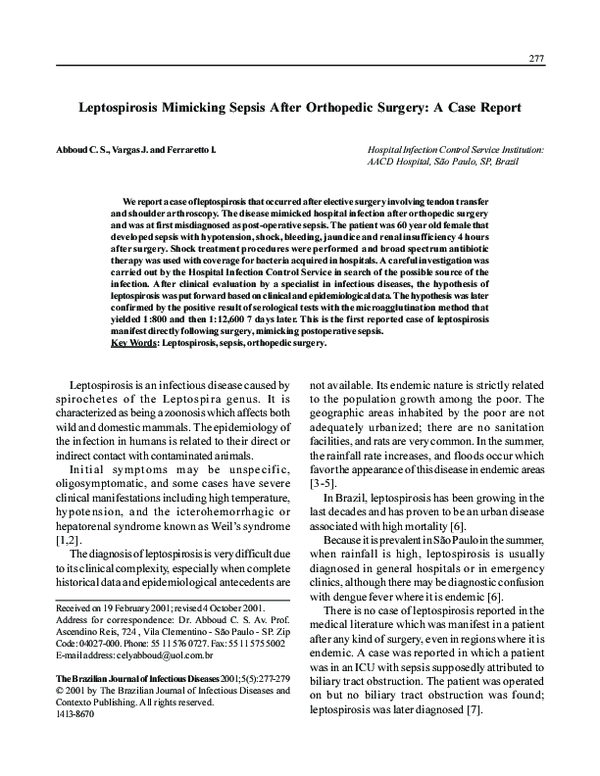 (PDF) Leptospirosis mimicking sepsis after orthopedic surgery: a case ...