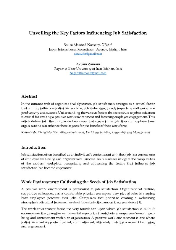 (PDF) Unveiling the Key Factors Influencing Job Satisfaction