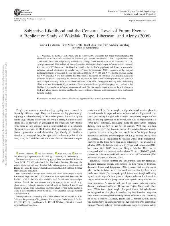 (PDF) Subjective likelihood and the construal level of future events: A ...