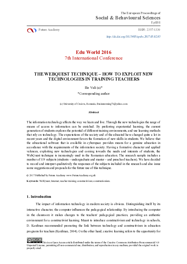 (PDF) The WebQuest Technique – How To Exploit New Technologies In ...