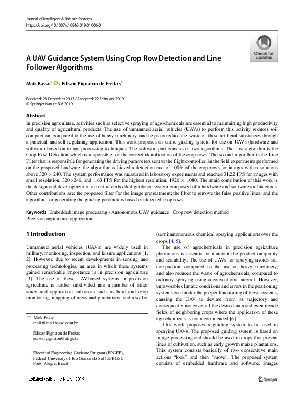 Pdf A Uav Guidance System Using Crop Row Detection And Line Follower