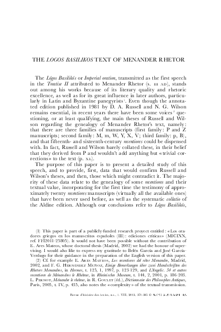(PDF) The Logos Basilikós text of Menander Rhetor