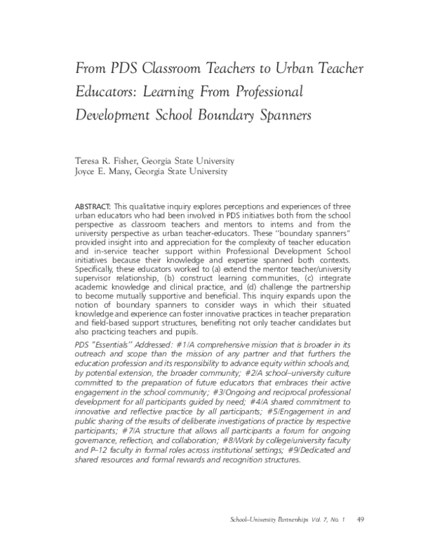 From PDS Classroom Teachers to Urban Teacher Educators: Learning from Professional Development ...