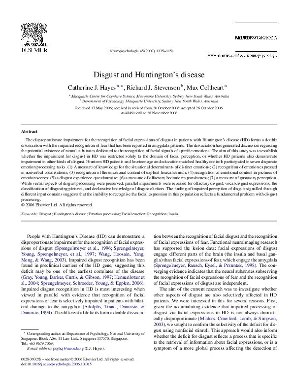 (PDF) Disgust and Huntington's disease