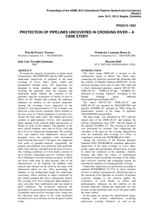 (PDF) Protection of Pipelines Uncovered in Crossing River: A Case Study